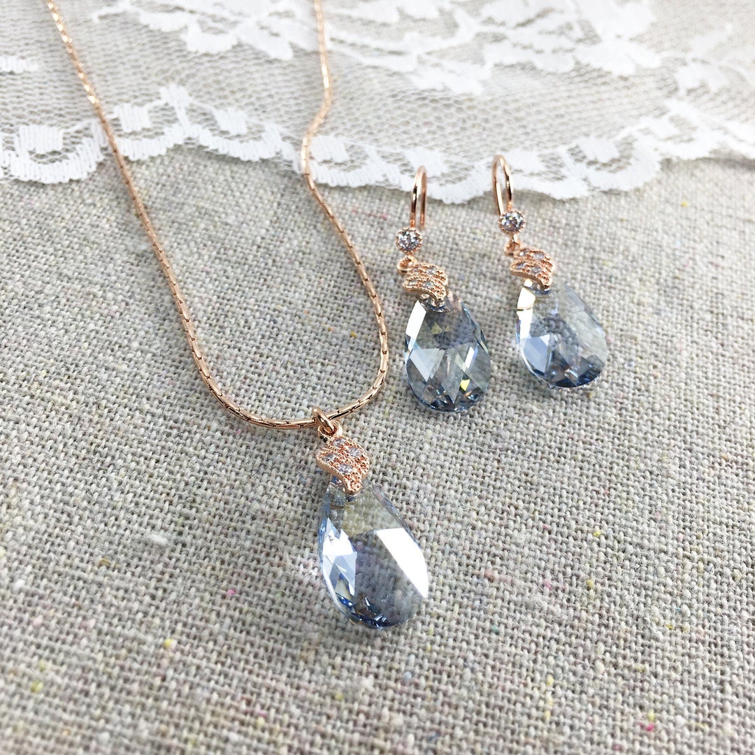 Swarovski Crystal Jewelry Set | 16mm Blue Shade Teardrops | Dangling ...