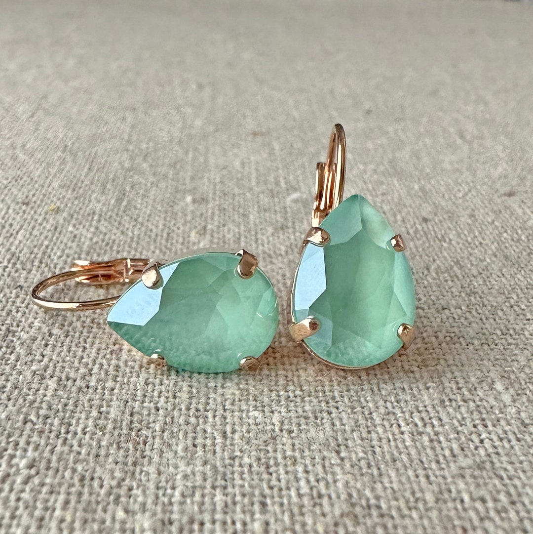 Swarovski Crystal Dangling Earrings | 14x10 Mint Green Pears | Lever ...