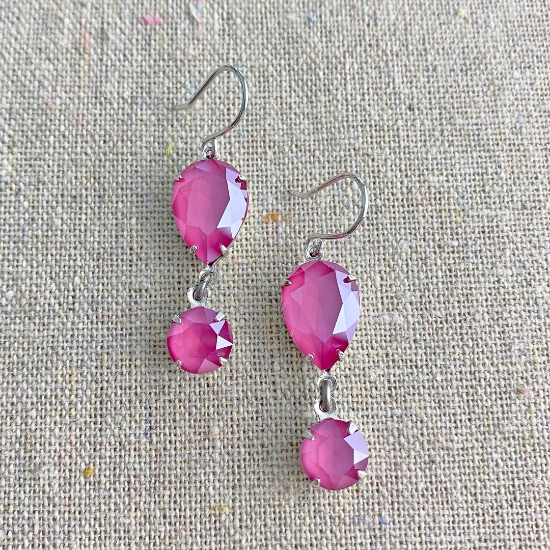 Swarovski Crystal Earrings, Long Dangling Peony Pink Bridal Drop ...