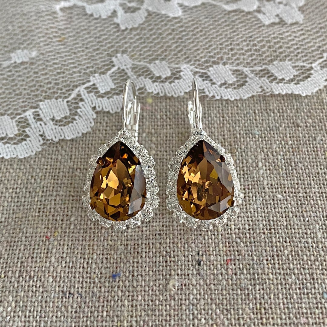 Swarovski Crystal Earrings, Smoked Topaz Pear Crystal Halo Leverbacks ...
