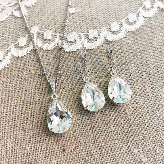 Swarovski Crystal Teardrop Set Pear Dangling Earrings Faux Diamond Pendant Necklace Bridal Necklace Earring Set Bridesmaids Gifts