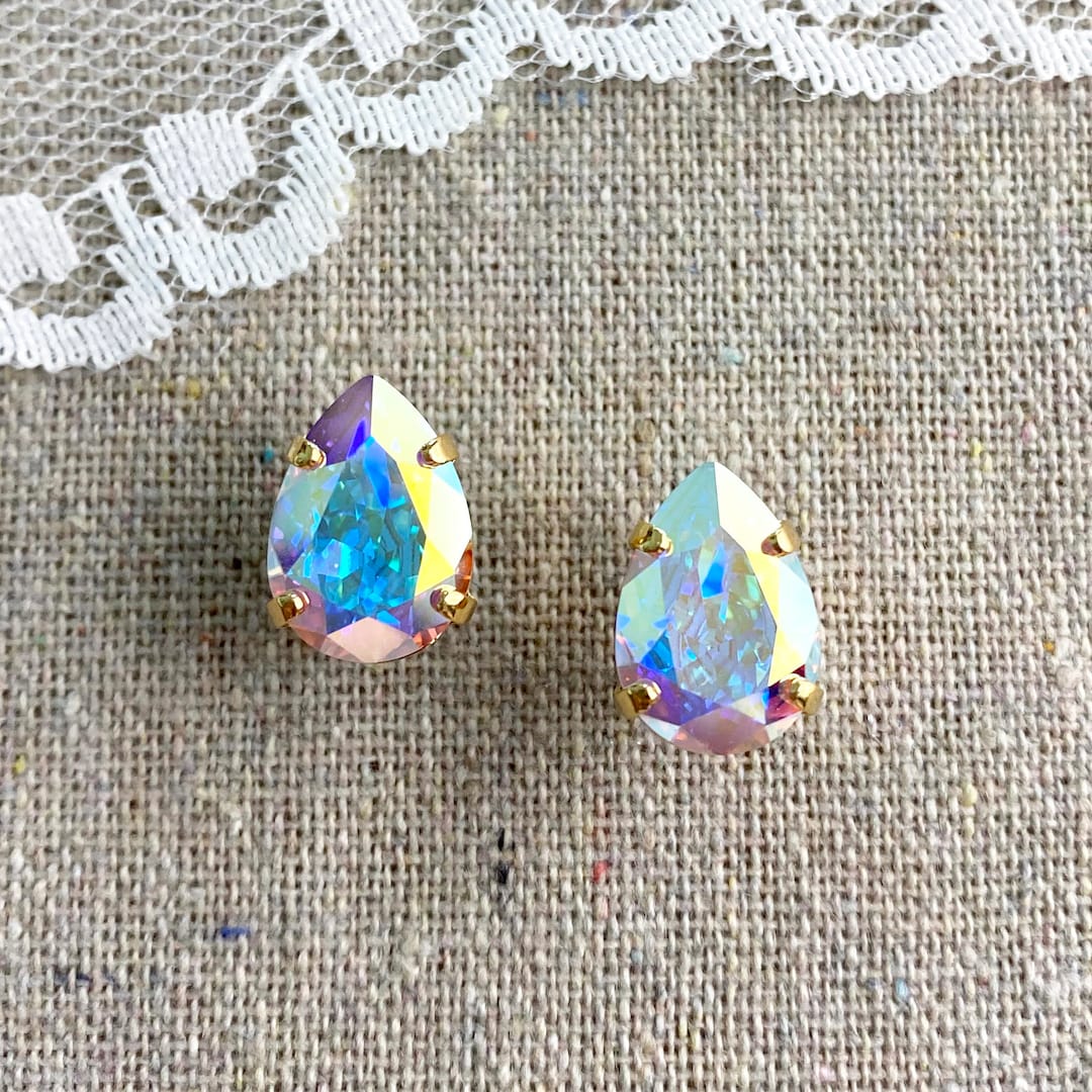 Swarovski Crystal AB Earrings, Pear Post Earrings, 14k Gold Earrings, Bridal Stud Earrings ...