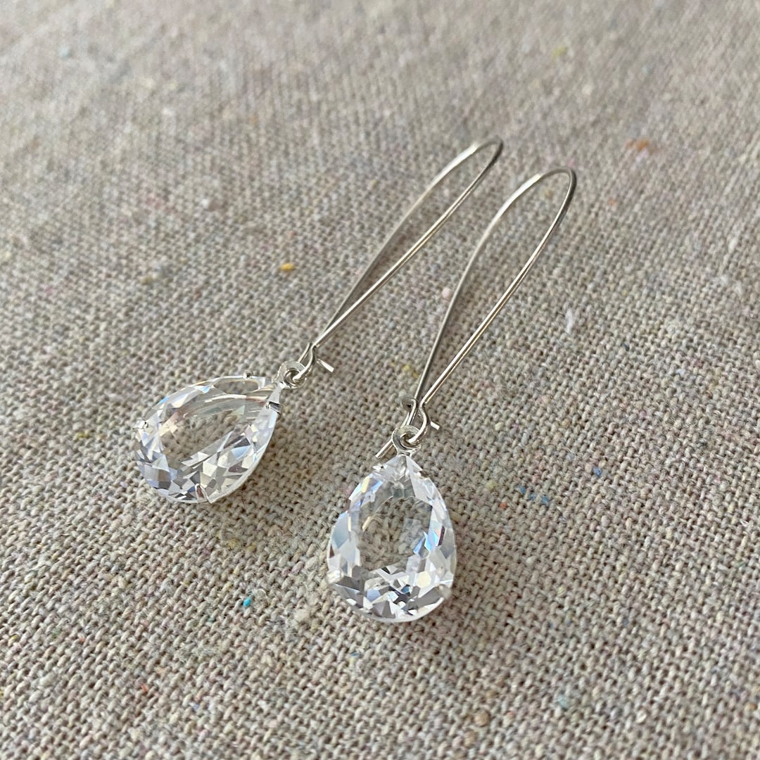 Swarovski Crystal Clear Earrings, Long Dangling Pears, Teardrop Rose ...