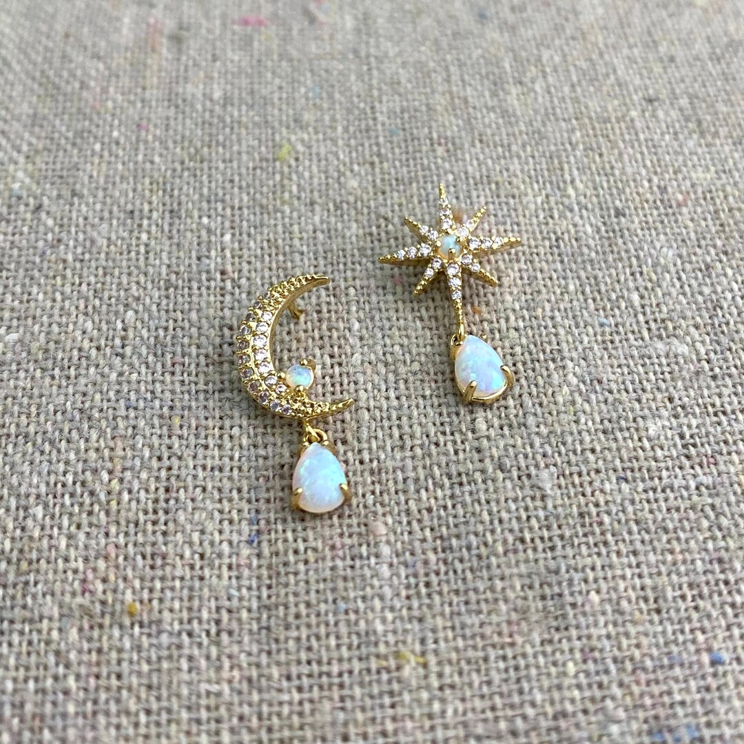 Pave Cubic Zirconia Opal Moon & Star Stud Earrings | 14k Gold Finish ...
