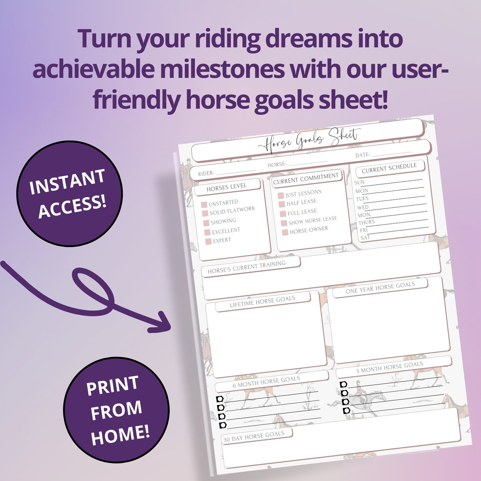 Equestrian Horse Riding Goals Sheet Printable: Track, Plan and Achieve ...
