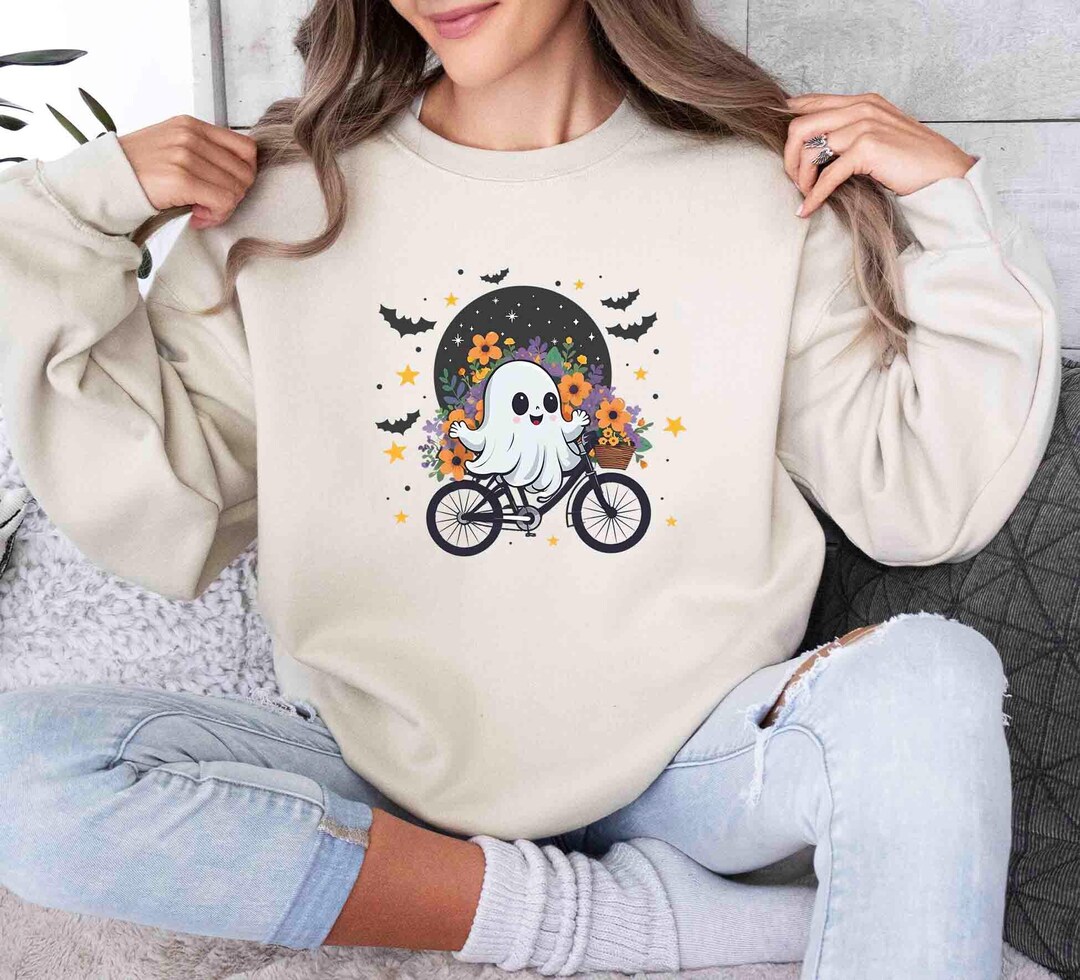 Ghost Riding Bike Halloween Sweatshirt, Ghost Bicycle Sweatshirt ...