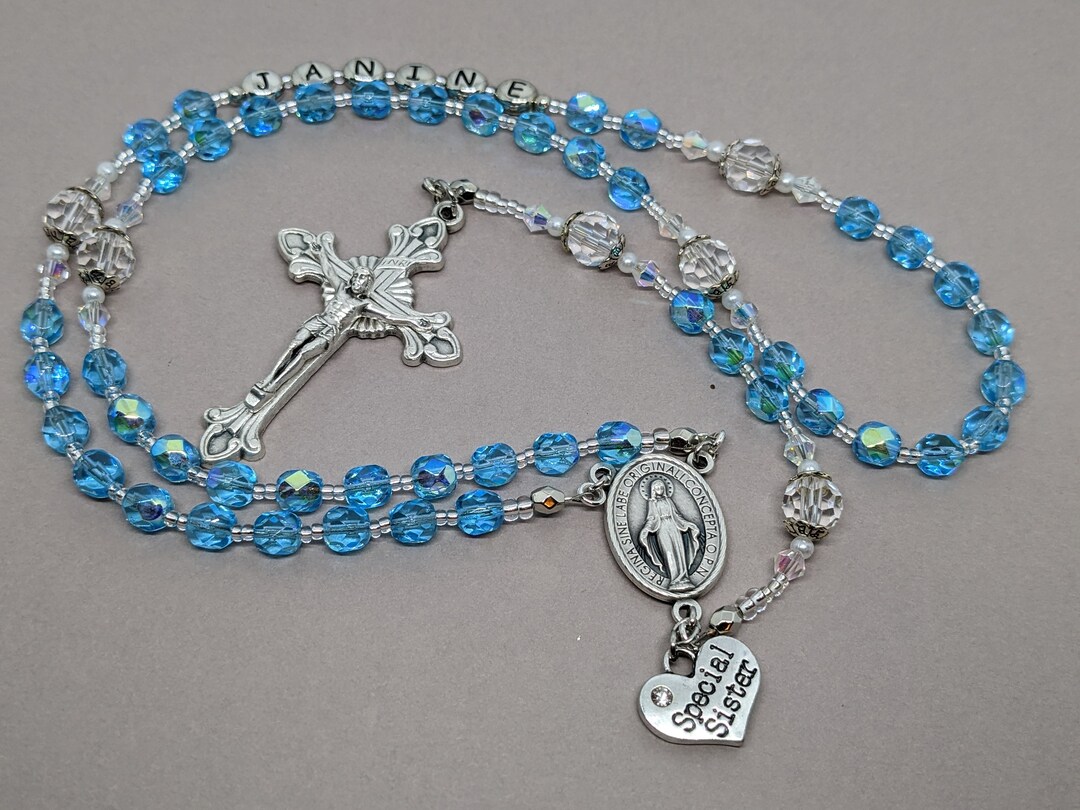 Personalized Aqua Czech Fire Polished Crystal Rosary Beads, Crucifix and Center Imported From ...
