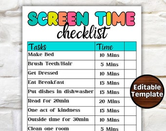 Screen Time Chart Checklist, Editable Printable Screen Time Task Chart, Daily Screen Time ...