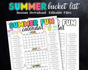 Editable Summer Calendar Poster Printables Summer Fun Bucket List ...