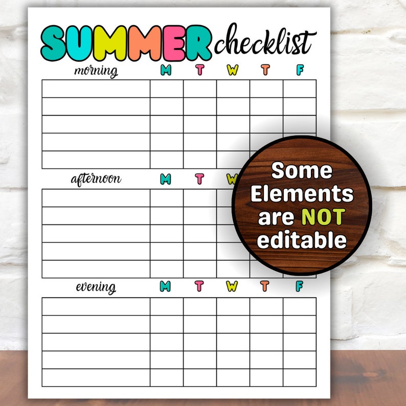 Printable Summer Daily Checklist for Kids: Editable Chore Chart ...