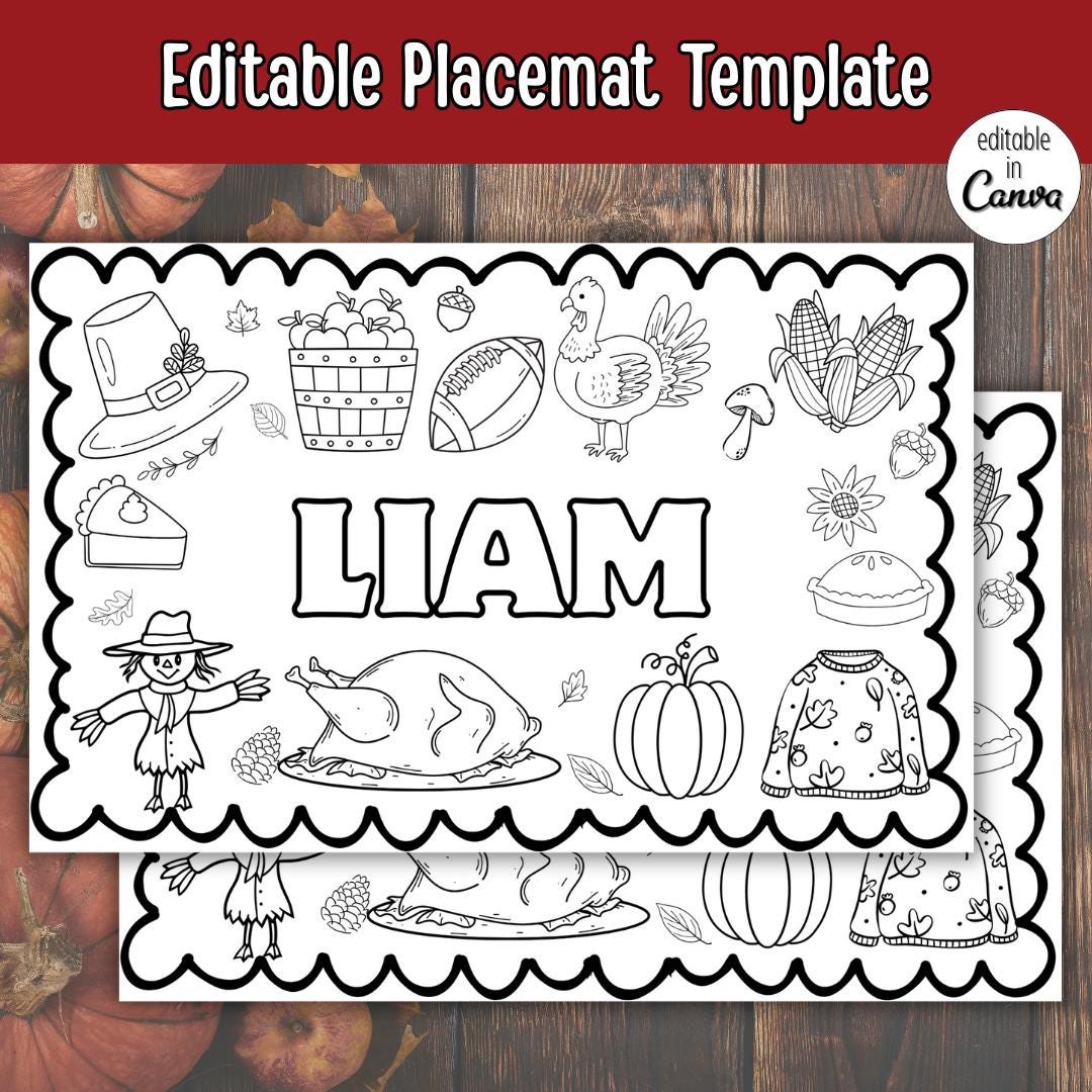 Editable Thanksgiving Coloring Placemat | Kids Name Printable (canva ...