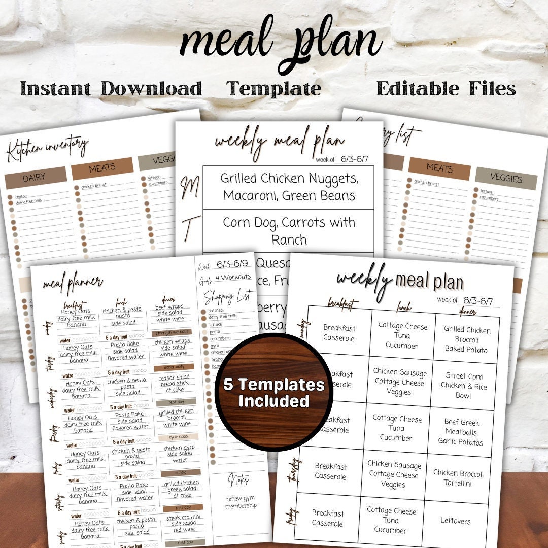 Weekly Meal Planner Printable: Food Diary, Grocery List (digital ...