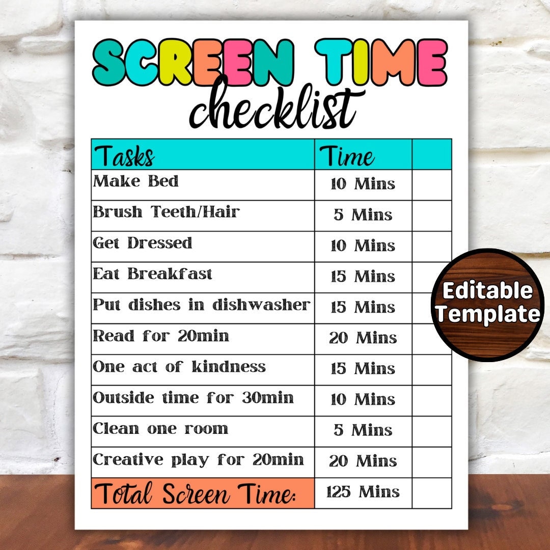 Screen Time Chart Checklist, Editable Printable Screen Time Chore Chart, Daily Screen Time ...