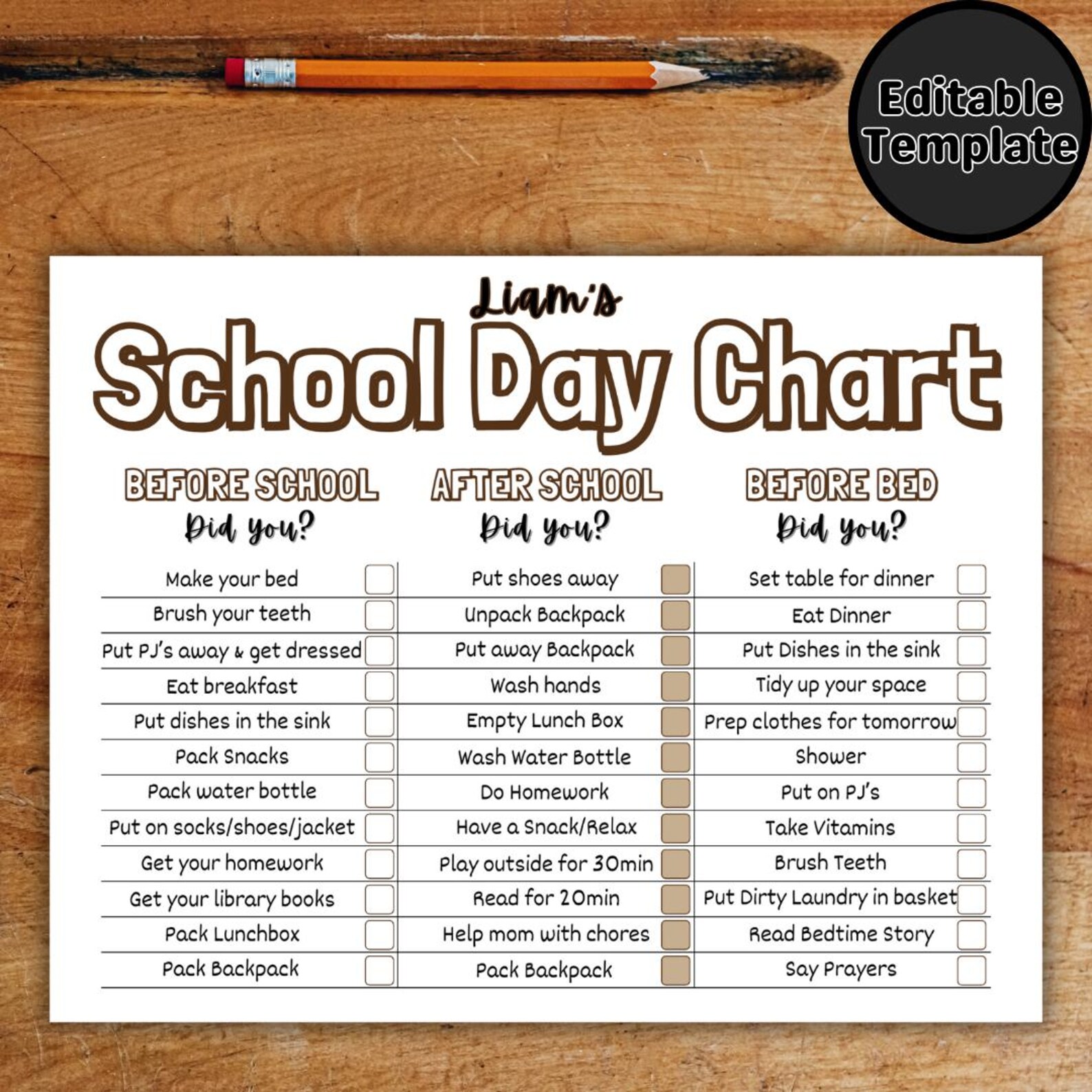 Editable School Day Checklist for Kids | Printable | Kids Chore Chart ...