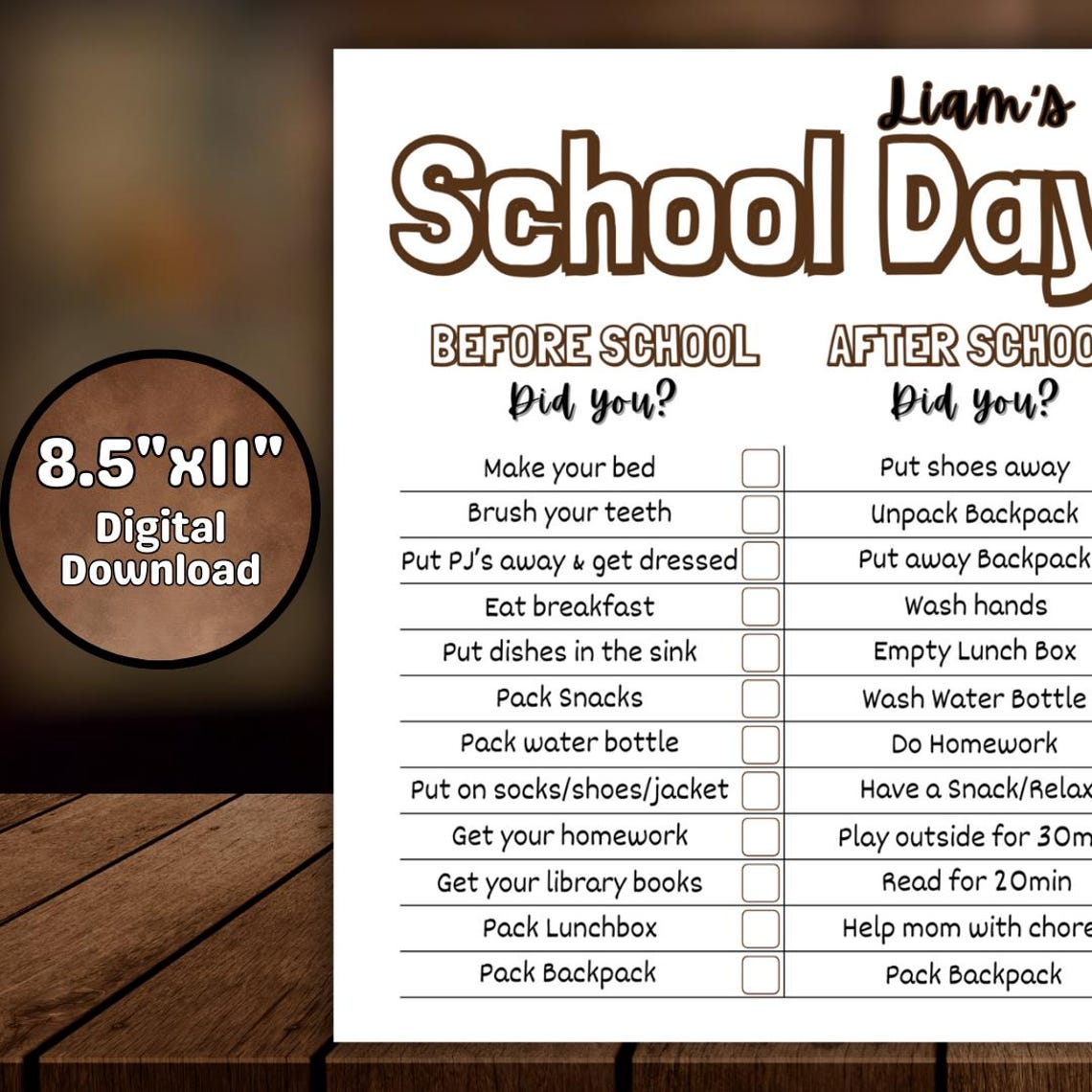 Editable School Day Checklist for Kids | Printable | Kids Chore Chart ...