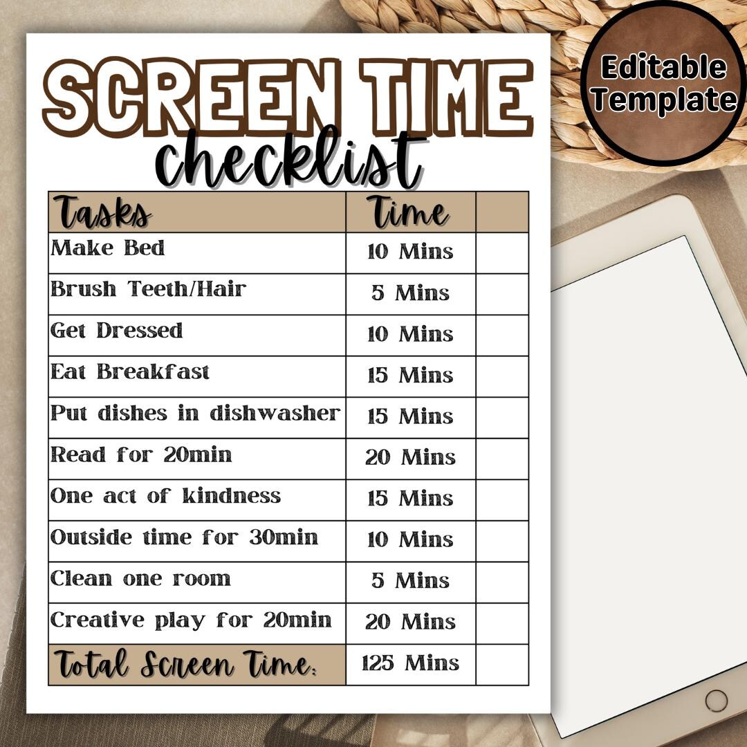 Screen Time Checklist: Editable Chore Chart, Daily Schedule (PDF) - Etsy