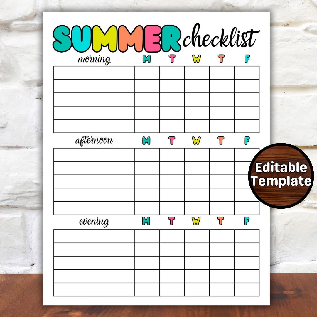 Printable Summer Daily Checklist for Kids: Editable Chore Chart ...