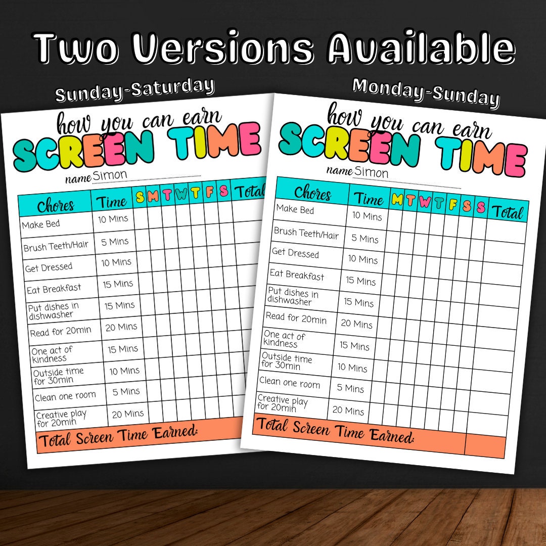 Screen Time Chore Chart: Editable Checklist (PDF) - Etsy