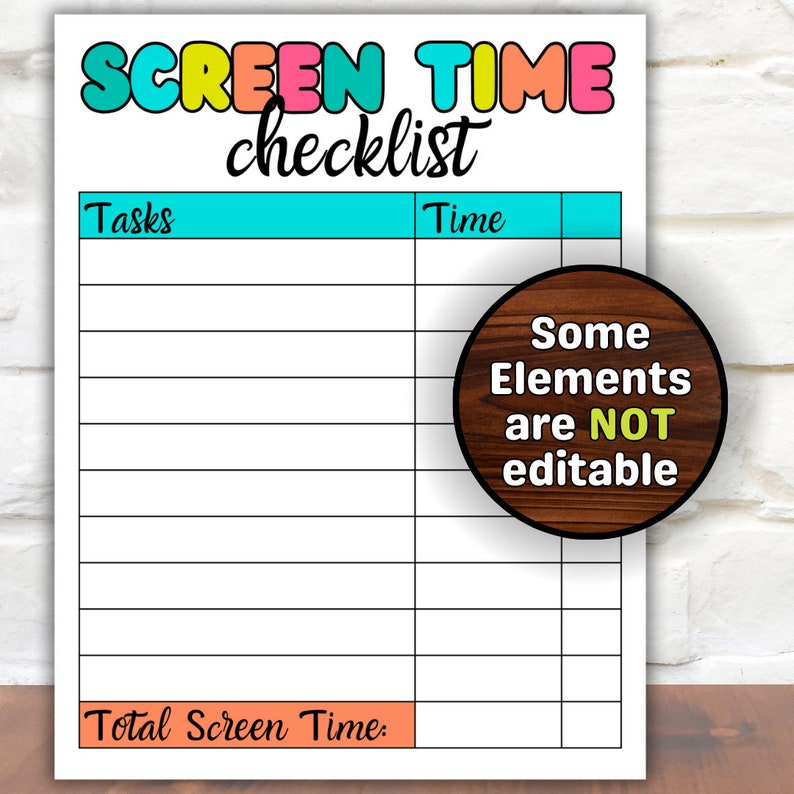 Screen Time Chart Checklist, Editable Printable Screen Time Chore Chart ...