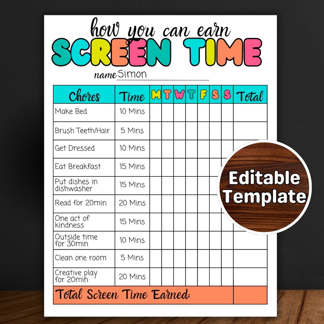 Screen Time Chore Chart: Editable Checklist (PDF) - Etsy