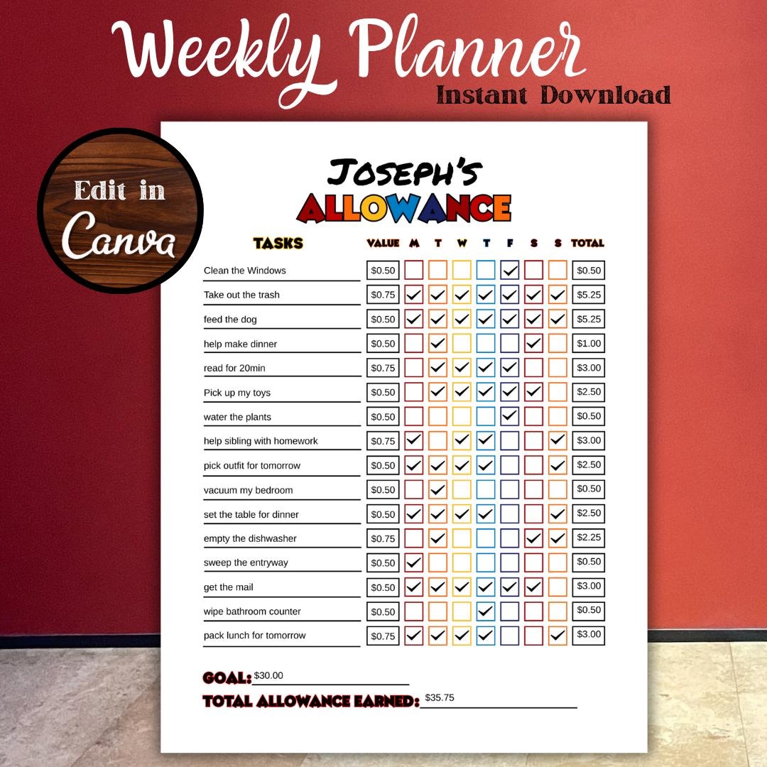 Allowance Chart for Kids Allowance Chore Chart Printable Allowance ...
