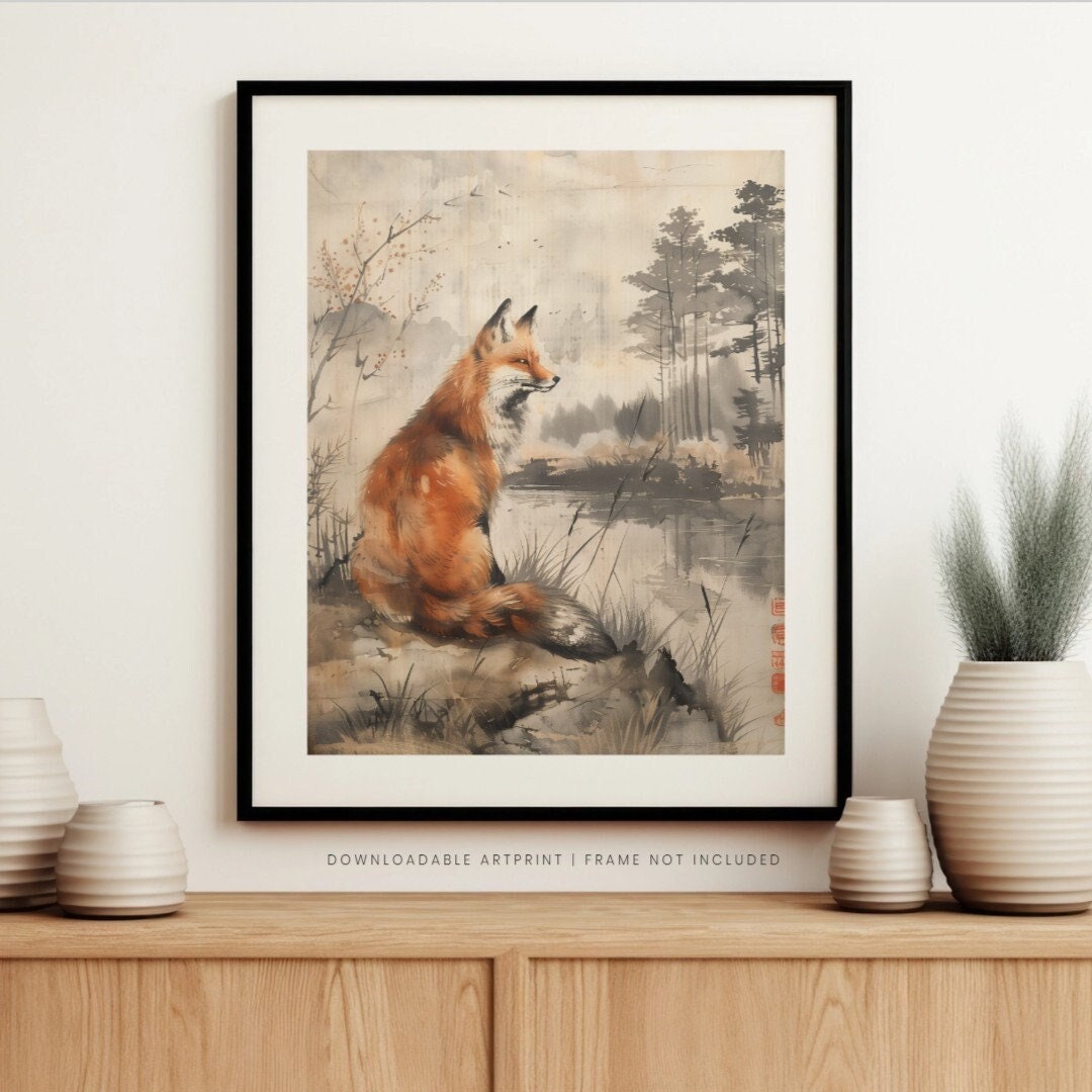 Vintage Japanese Print Red Fox Printable Wall Art, Antique Fox Painting ...