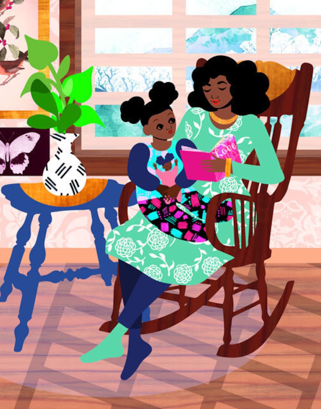 Rocking Chair Art Print, Interior Art, Mother and Child Illustration ...