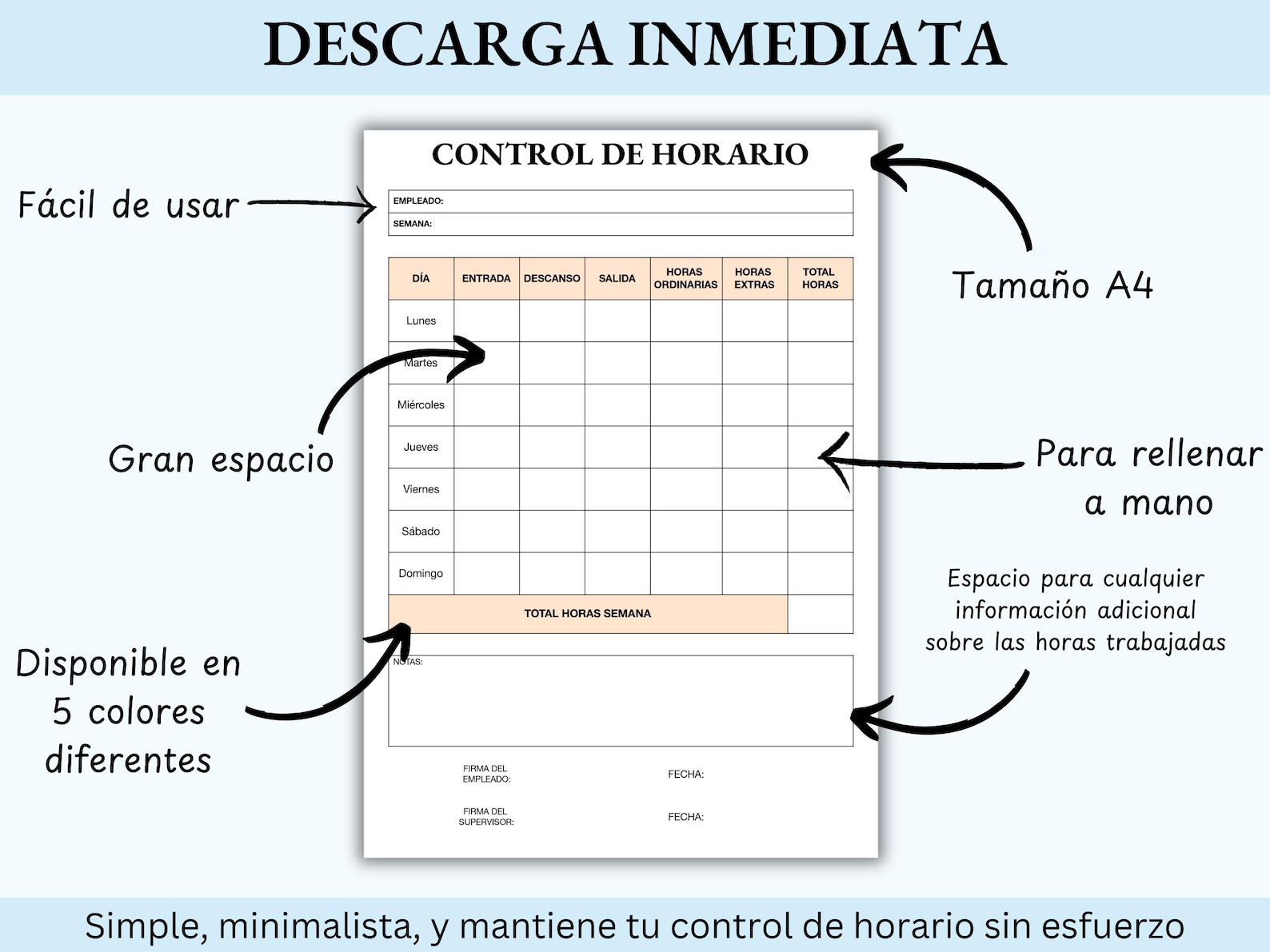 Employee TIME CONTROL in SPANISH, Time Sheet, Work Hours Record, Worked ...