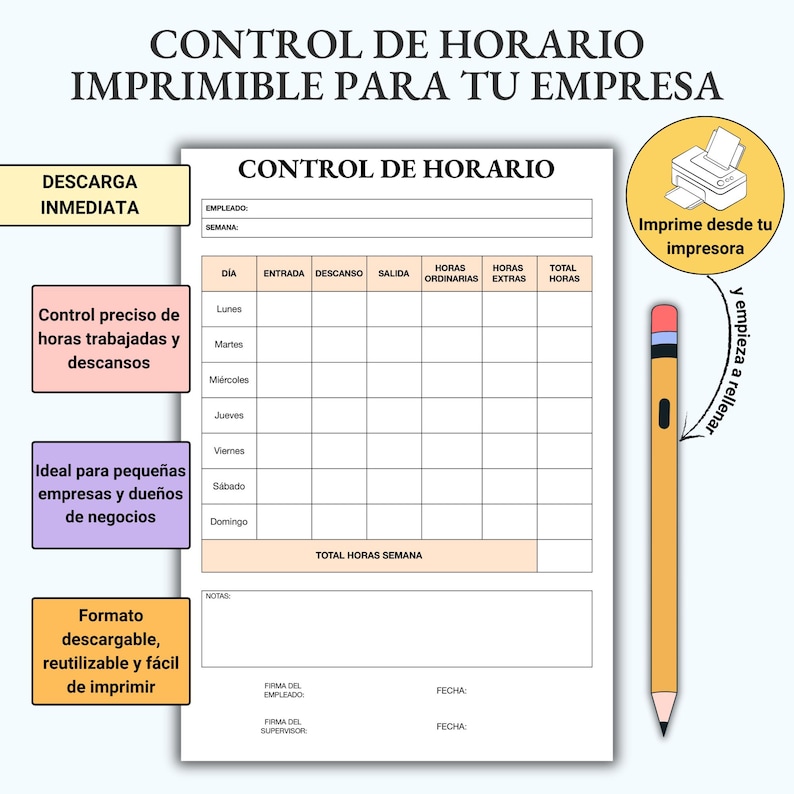 Employee TIME CONTROL in SPANISH, Time Sheet, Work Hours Record, Worked ...