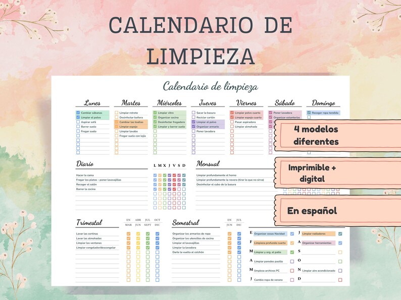 Calendario de limpieza - 4 versiones - organización tareas limpieza ...