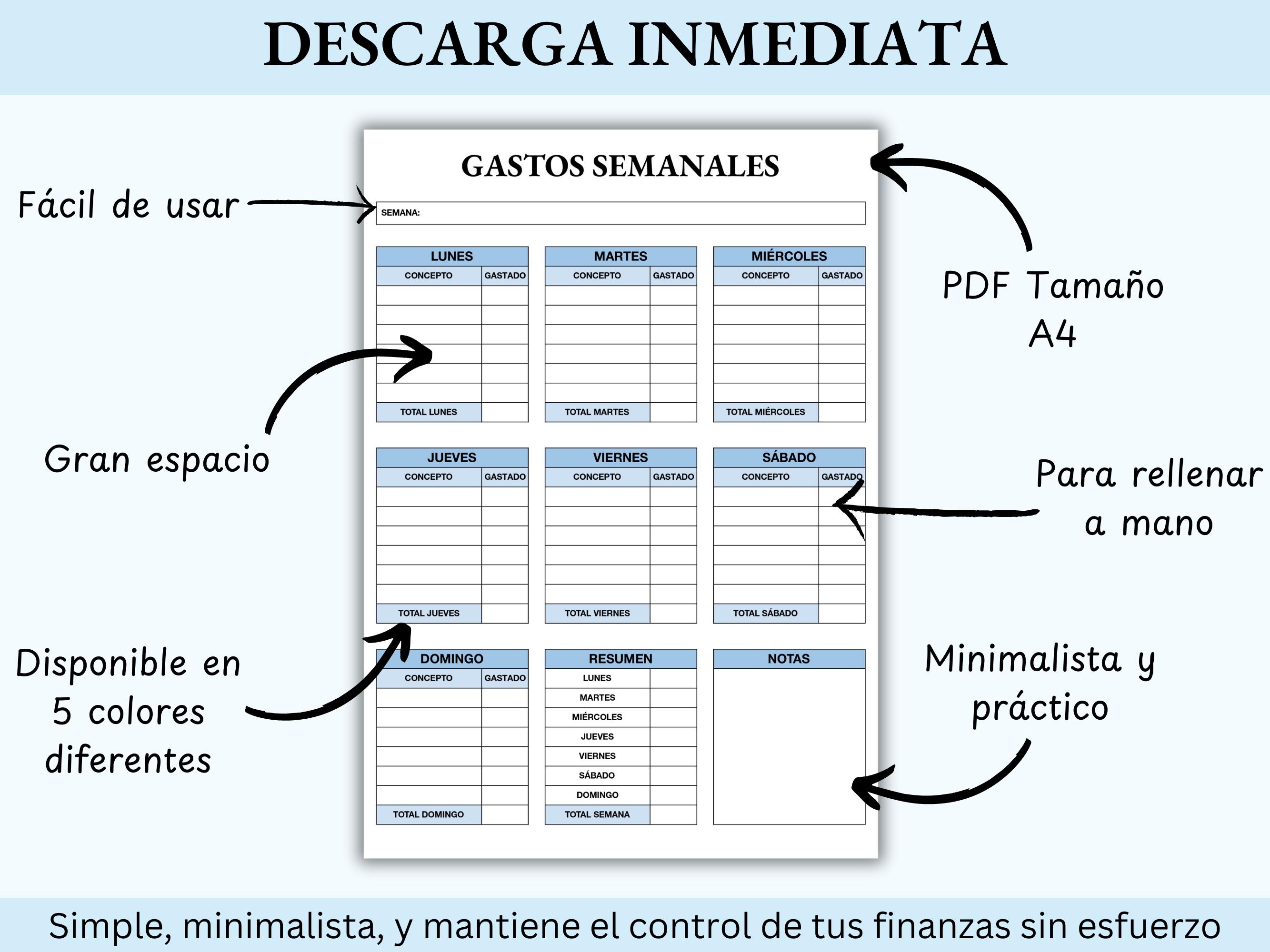 PERSONAL EXPENSES Template in SPANISH, Weekly Expenses, A4 PDF to Fill ...