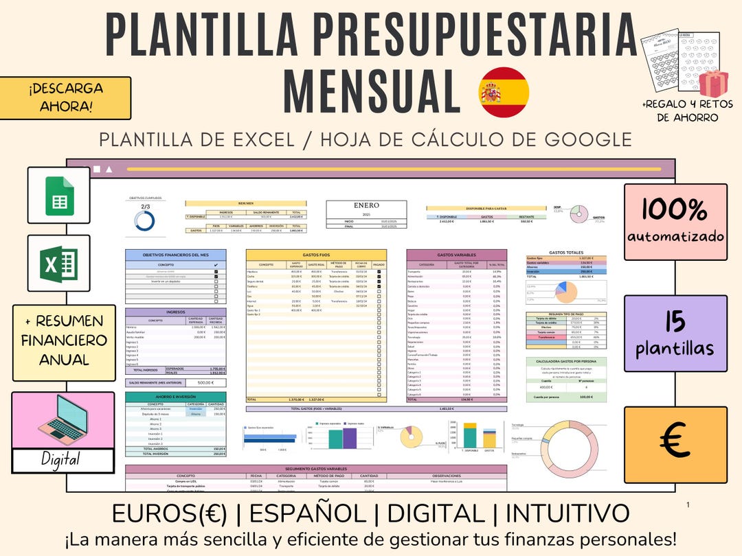 Digital Income and Expense Planner in Spanish (euros) - Monthly ...