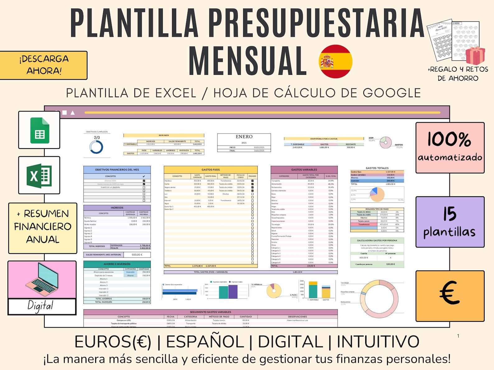 Digital Income and Expense Planner in Spanish (euros) - Monthly ...