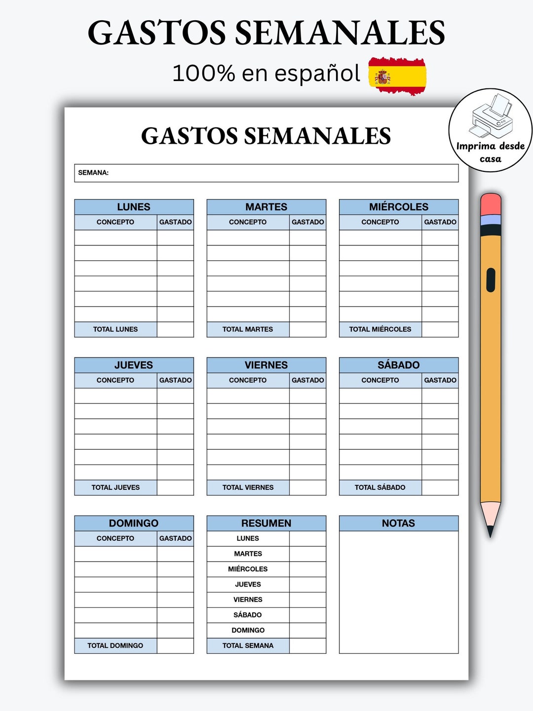 PERSONAL EXPENSES Template in SPANISH, Weekly Expenses, A4 PDF to Fill ...