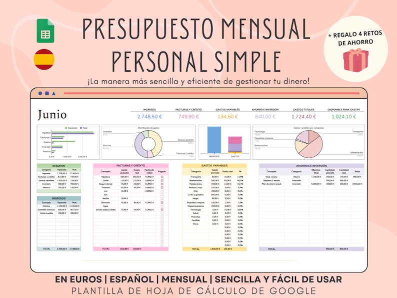 Plantilla presupuesto mensual personal SIMPLE español Control de gastos e ingresos, planificador ...