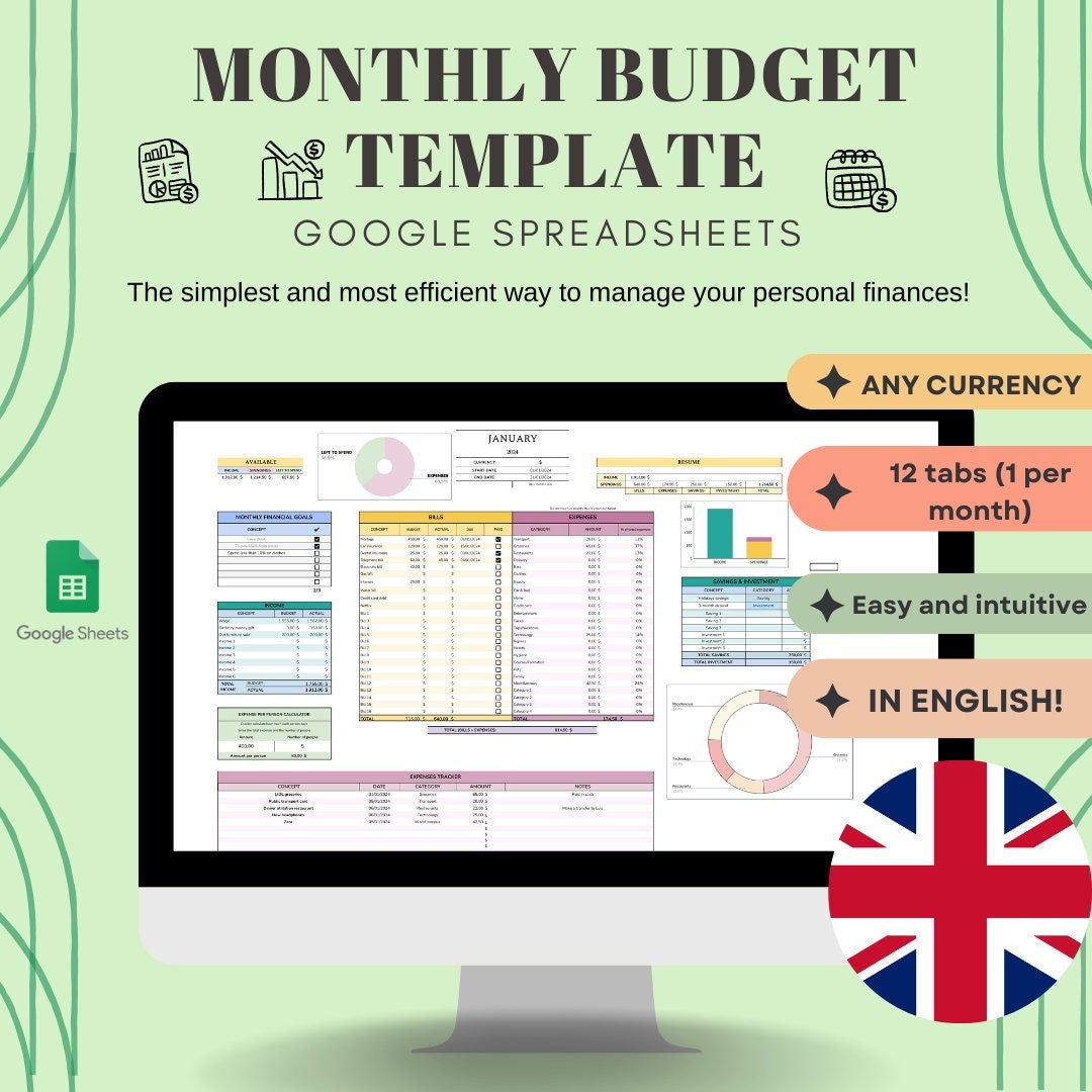 MONTHLY BUDGET PLANNER - English Version - Incomes and Expenses Digital ...