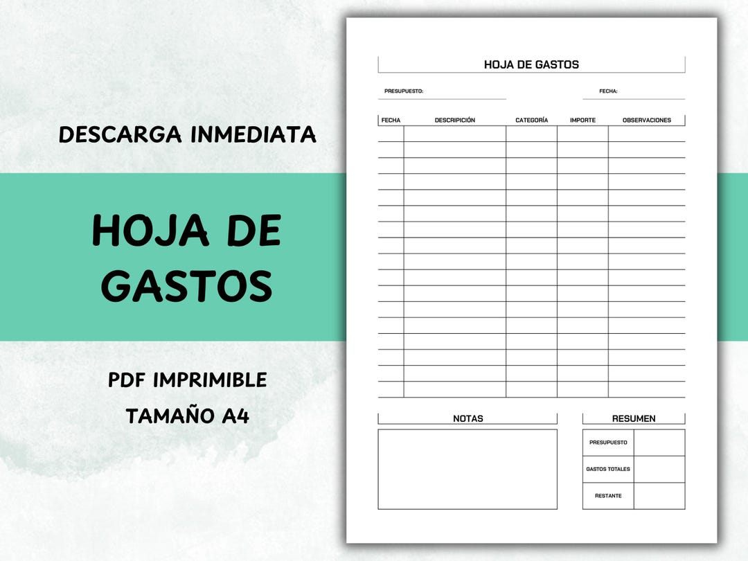 HOJA DE GASTOS imprimible, Pdf control de ingresos y gastos, presupuesto diario semanal mensual ...