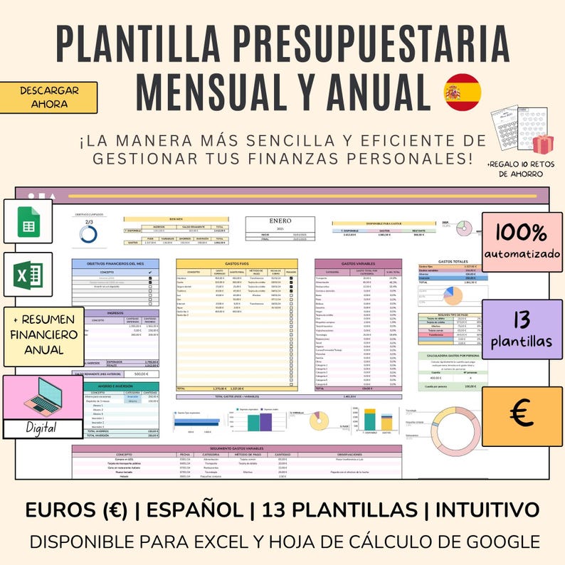 Digital Income and Expense Planner in Spanish (euros) - Monthly ...