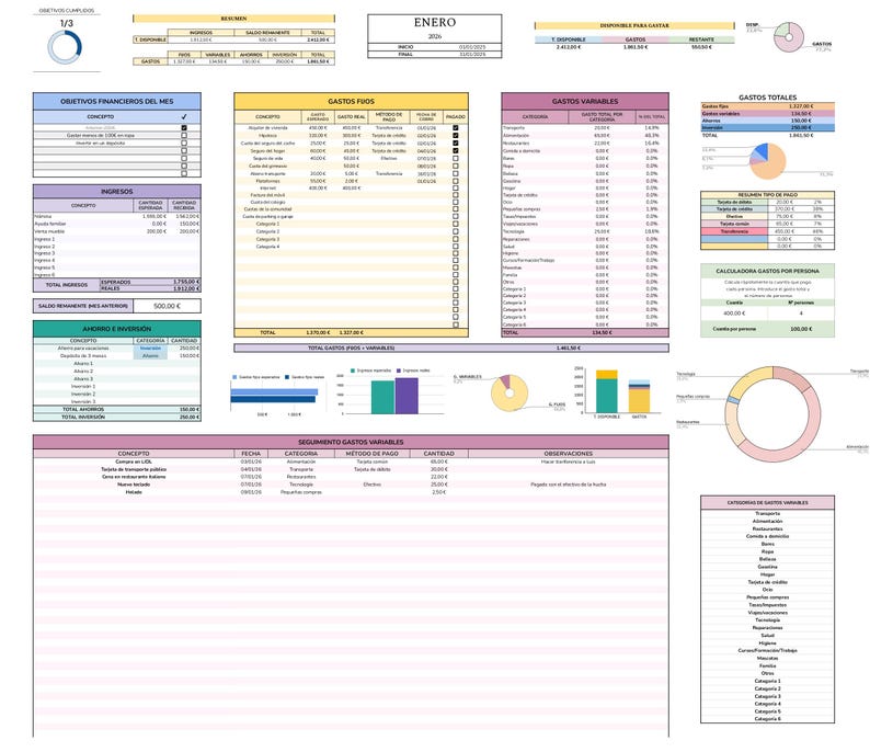 Digital Income and Expense Planner in Spanish (euros) - Monthly ...