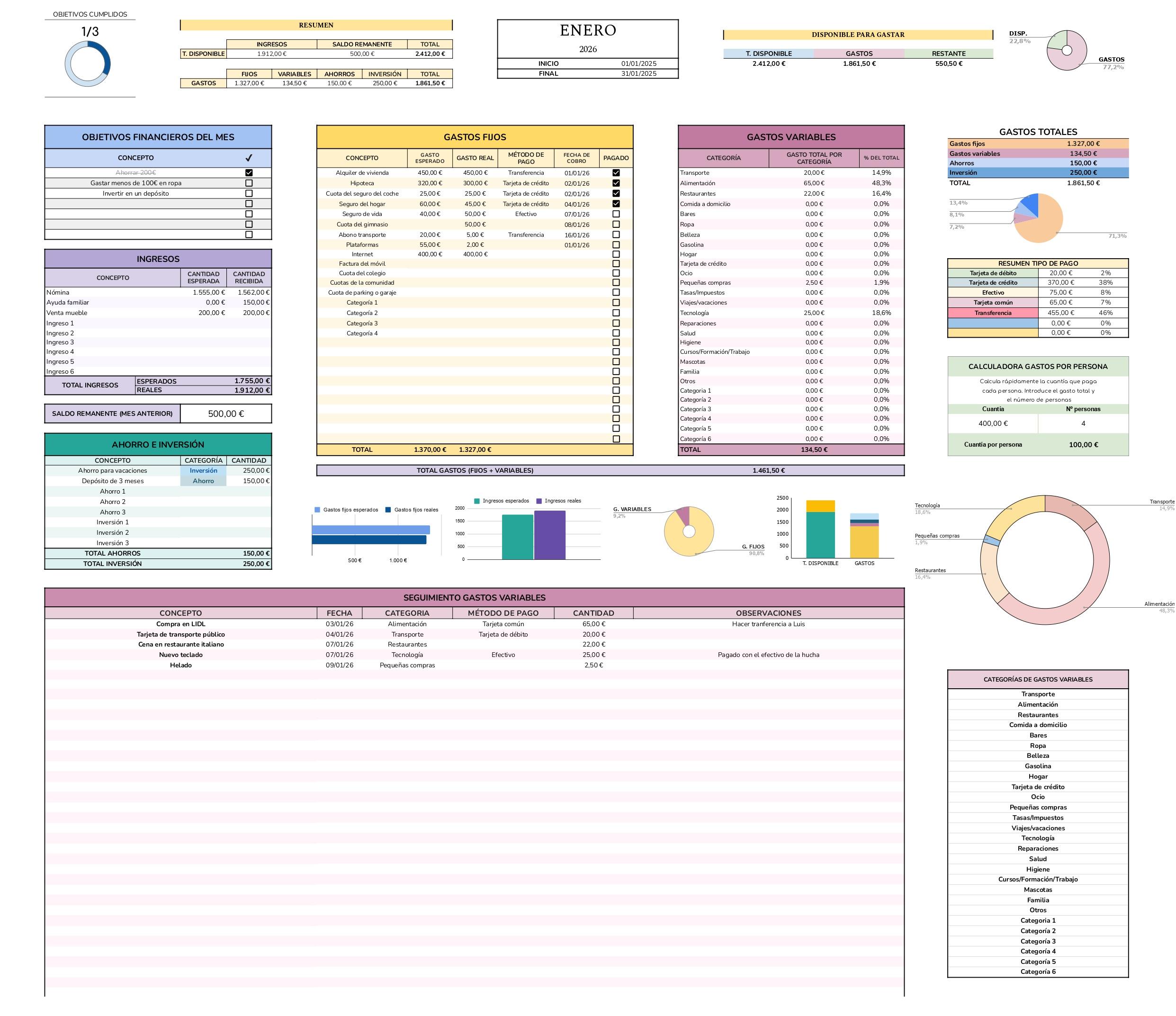 Digital Income and Expense Planner in Spanish (euros) - Monthly ...