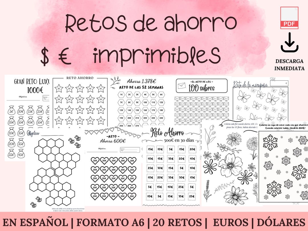 Retos de ahorro imprimibles | ESPAÑOL | Euros Dólares | 20 RETOS PDF | savings challenge | reto ...