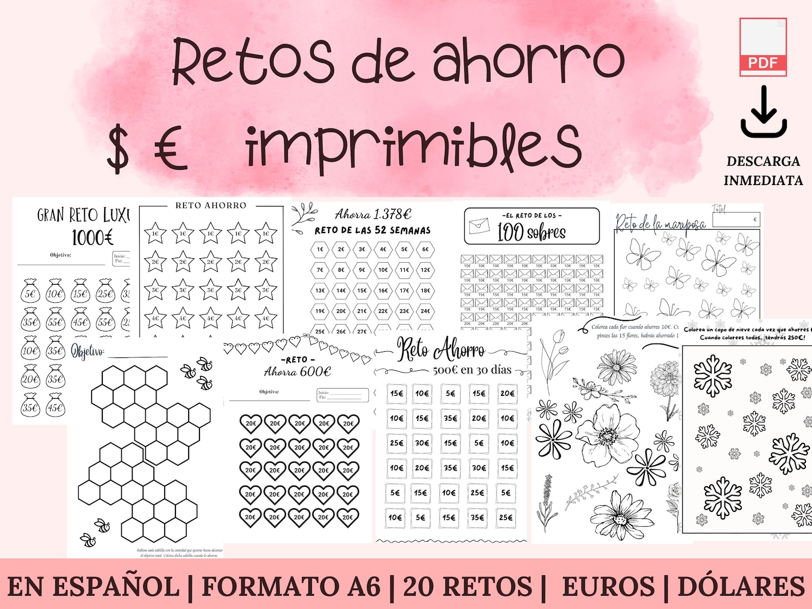Printable Savings Challenges | SPANISH | Euros Dollars | 20 PDF ...