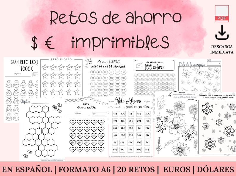 Retos de ahorro imprimibles | ESPAÑOL | Euros Dólares | 20 RETOS PDF | savings challenge | reto ...