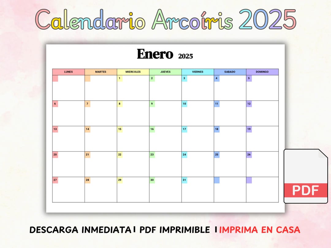 2025 Calendar, 2025 Annual Rainbow Calendar, Spanish Calendar, Colorful ...