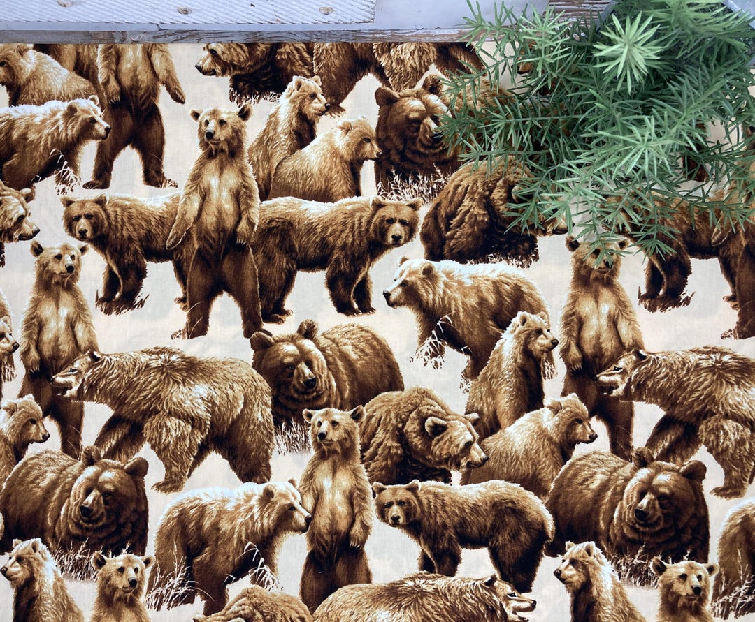 Realistic Bear Fabric, Cotton Standing Brown Bear Fabric, BTY ...