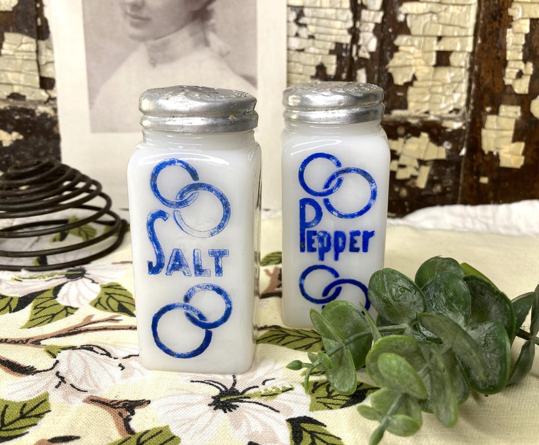 Vintage Milk Glass Salt Pepper Shakers, Art Deco Kitchenware, Blue ...