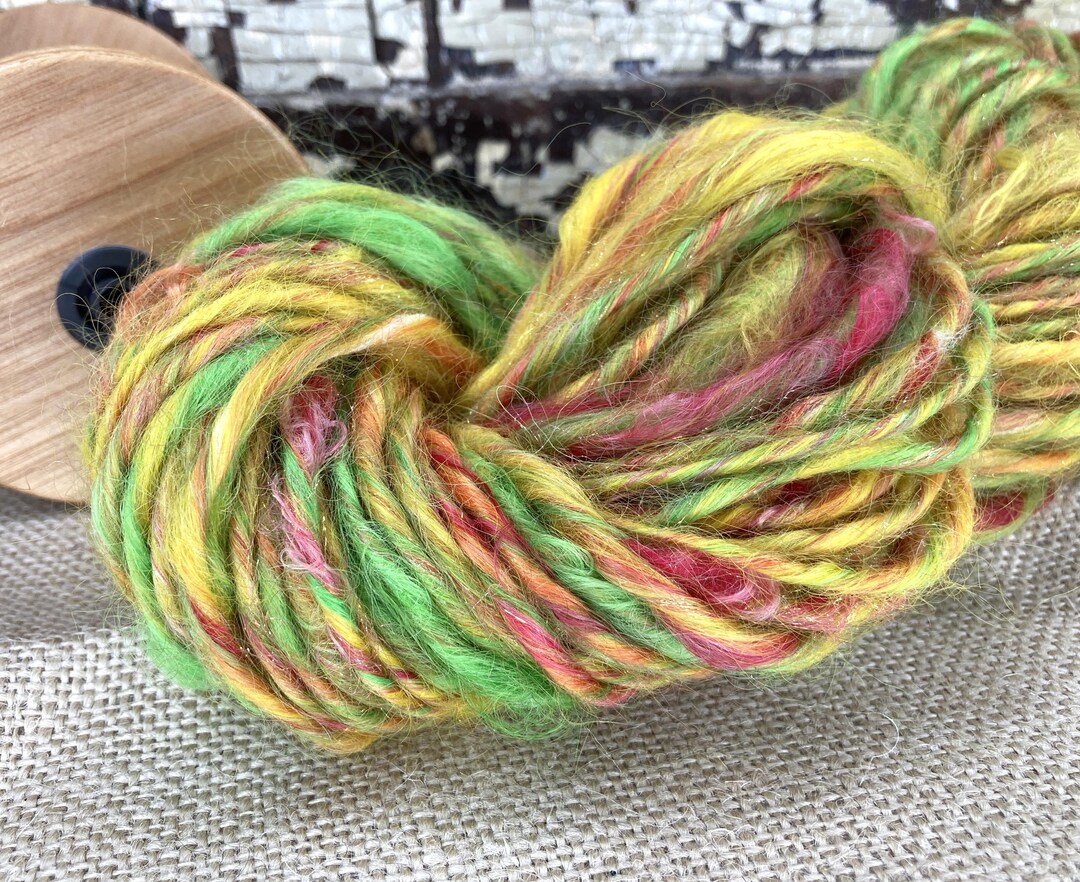 Hand Spun Art Yarn, Bulky Wool Mohair Blend, Sparkly Neon Fiber, 2 Yard ...