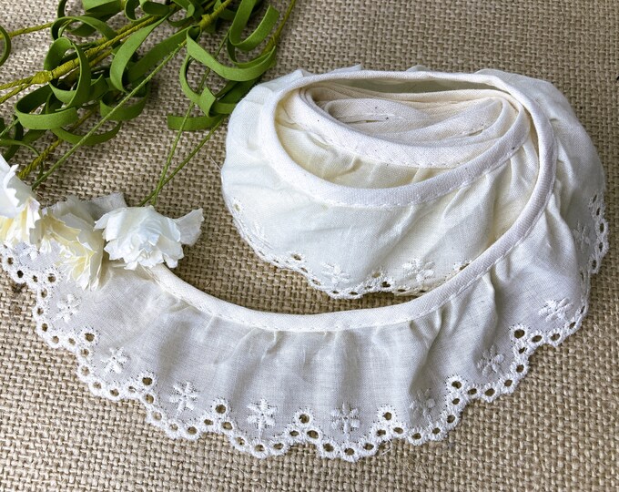 Vintage Eyelet Trim, 2 YDS, Ruffled Eyelet Trim, Ivory Gathered Wide ...