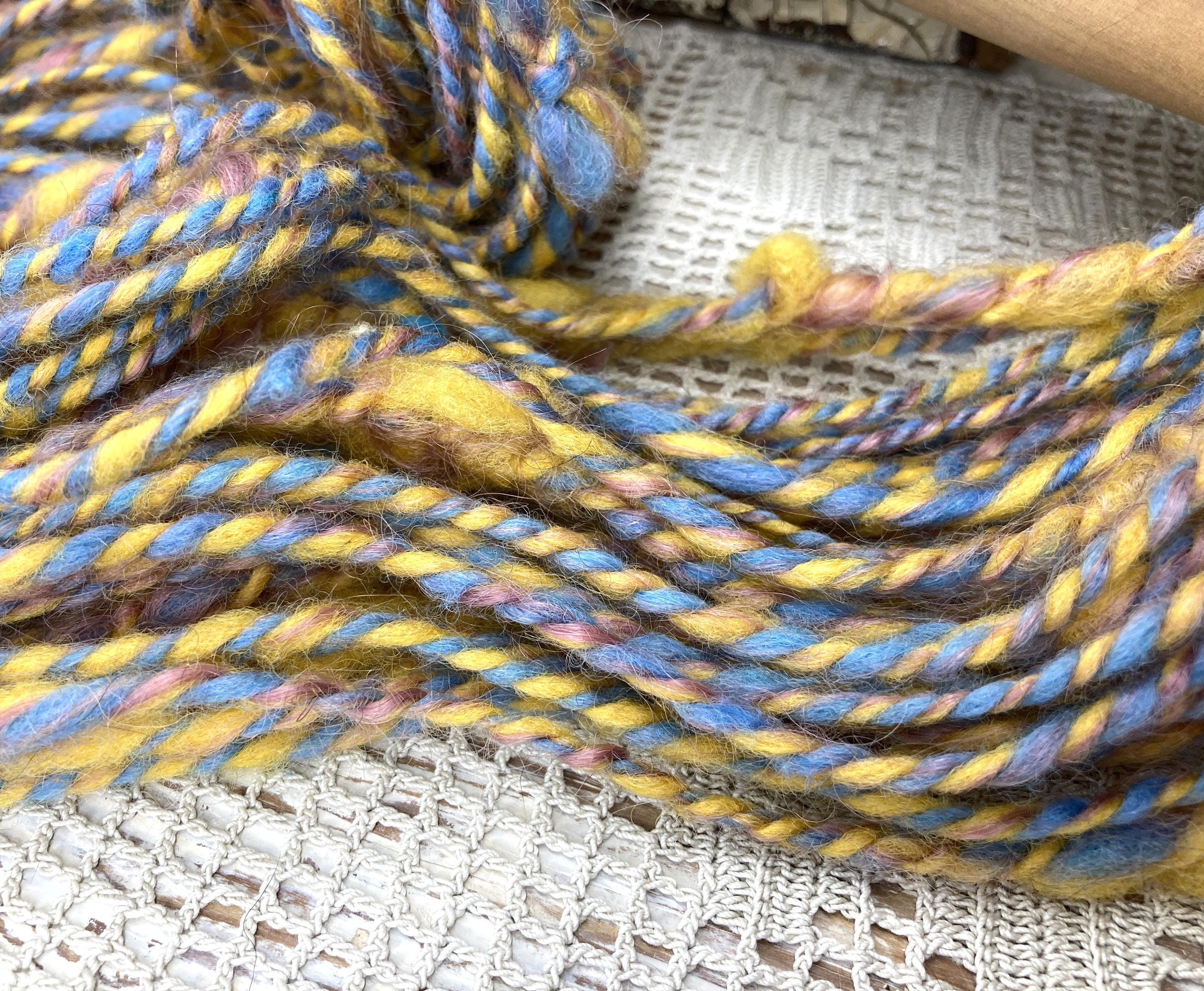 Hand Spun Art Yarn, Bulky Wool Mohair, Sky Blue Sunset Hues, (2 Yard ...