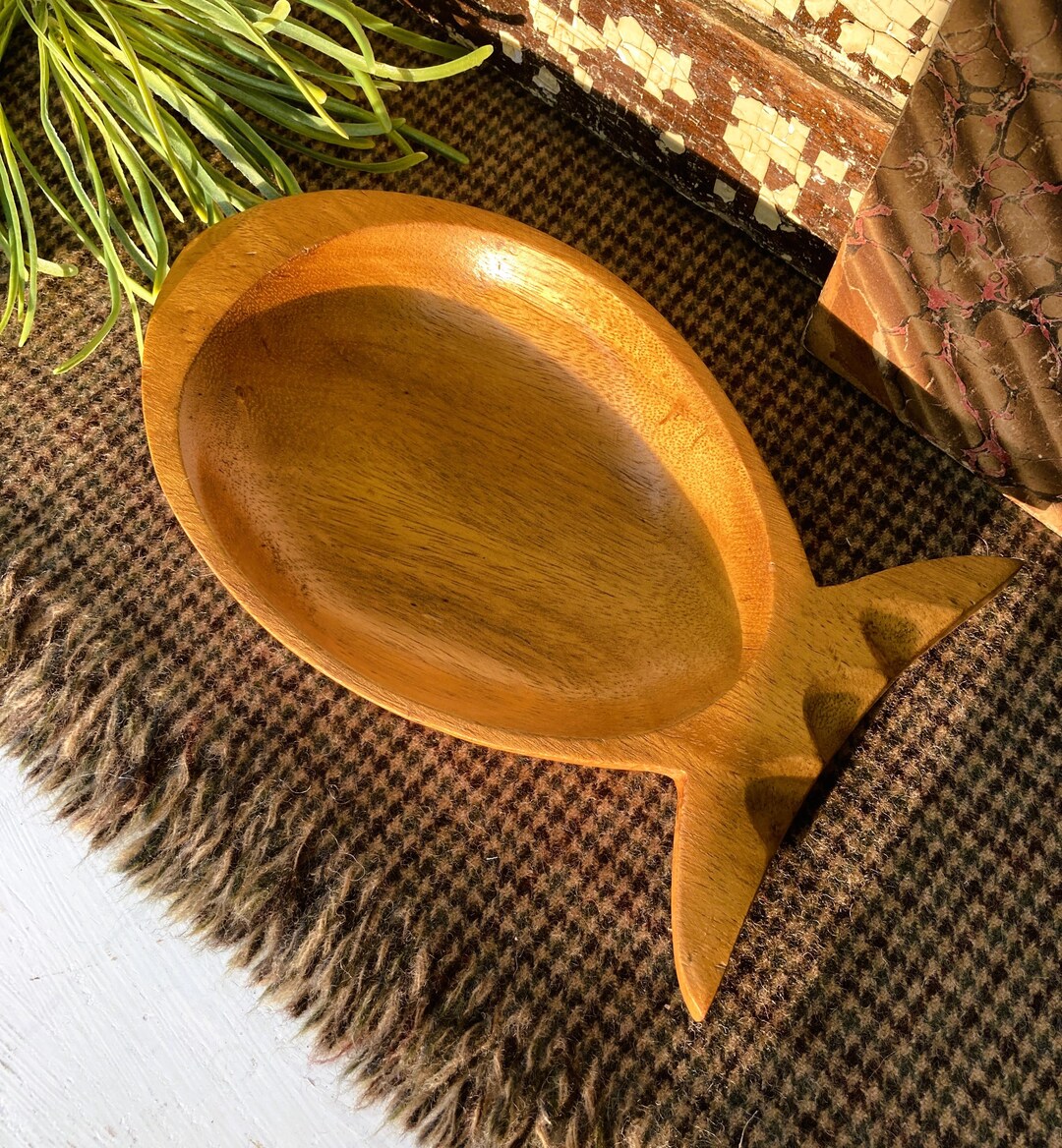 Hand Carved Wooden Fish Bowl, Mid Century Coffee Table Decor, Vintage ...
